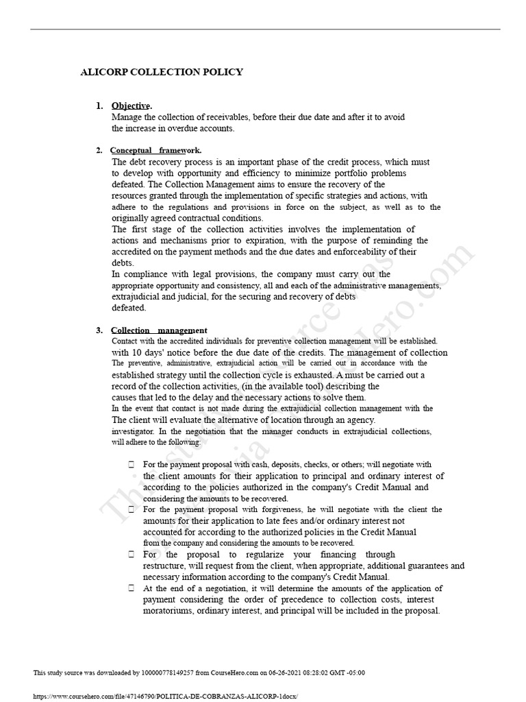 Collection Policy Alicorp 1 | PDF | Policy | Interest