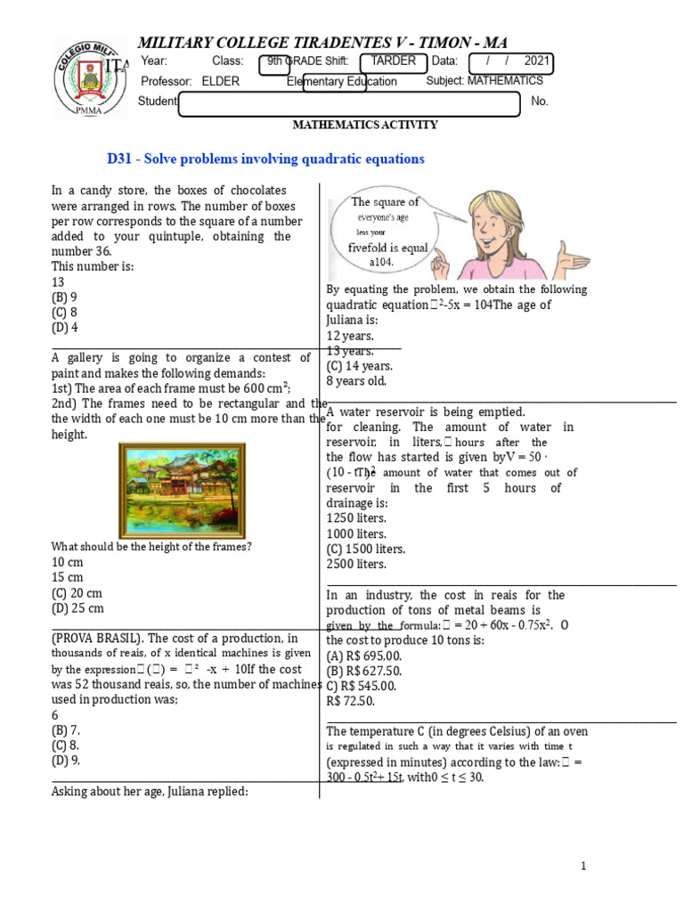 Second degree equation Descriptor 31 - mathematics 9th grade | PDF ...