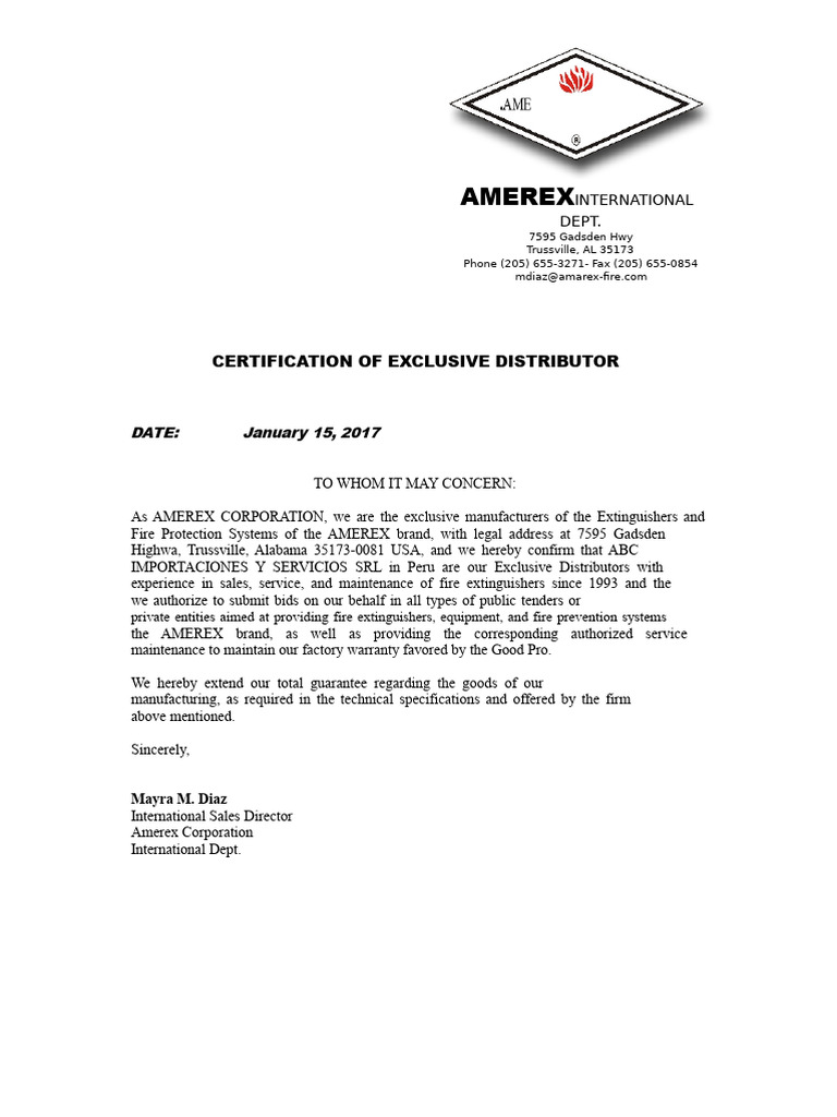 Amerex Corp Usa - Certificate of Exclusive Distribution | PDF