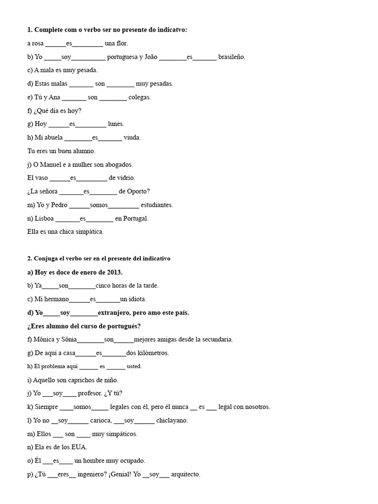ejercicios del verbo ser en presente de indicativo | PDF