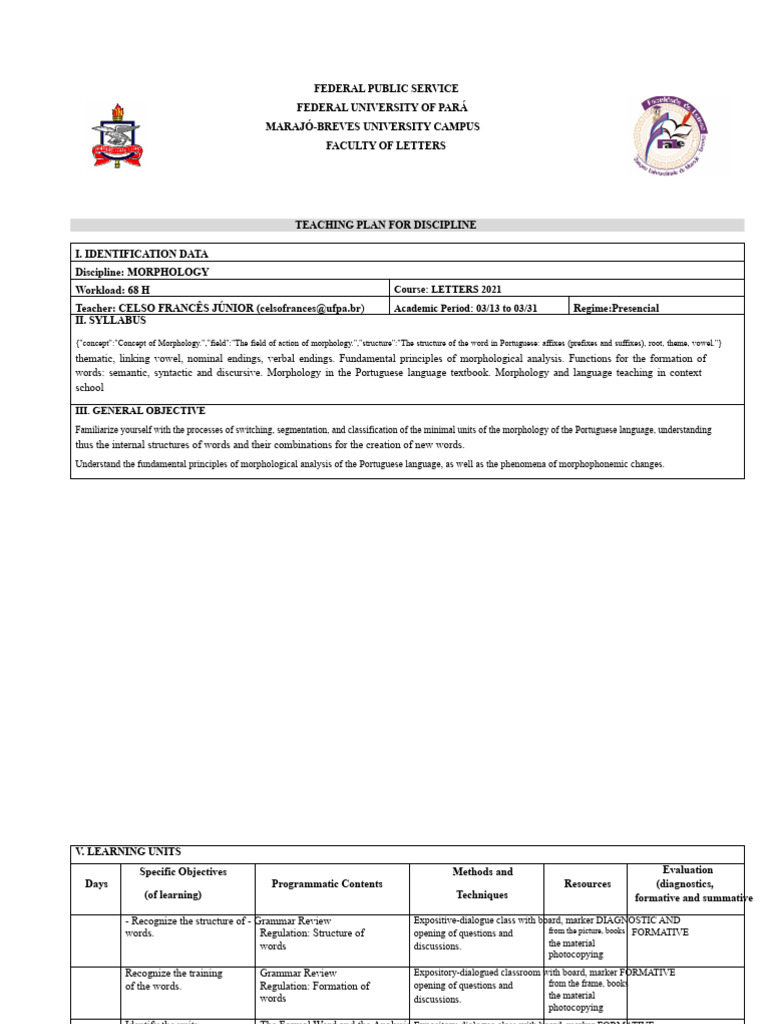 Morphology Plan of Portuguese | PDF | Morphology (Linguistics) | Word