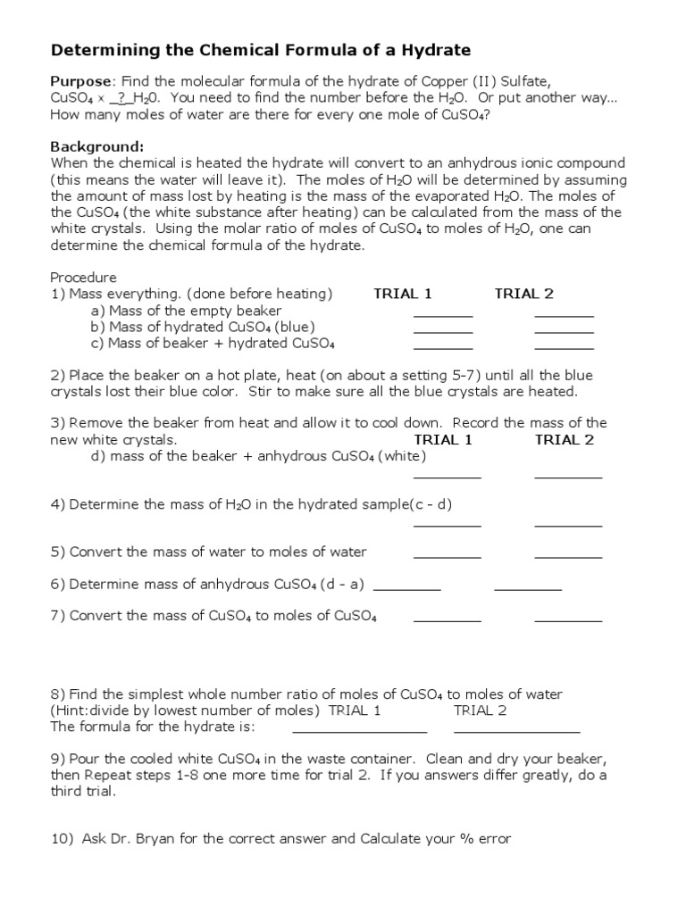 Copper Sulfate Hydrate Formula Lab | PDF | Mole (Unit) | Chemical ...