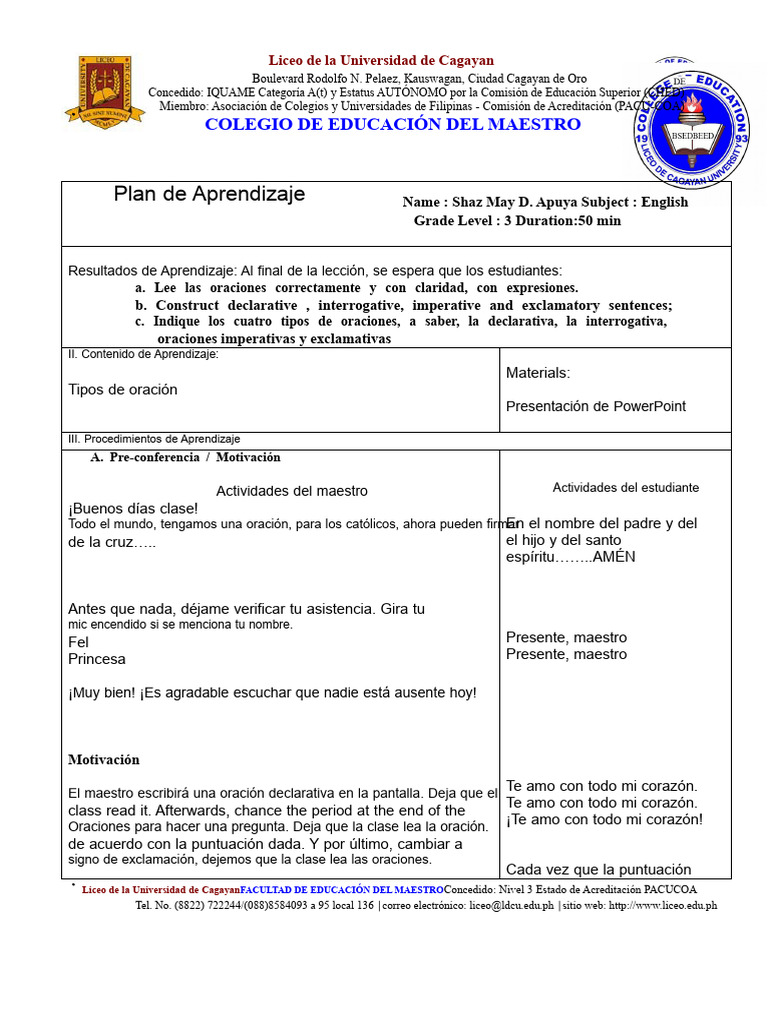 Plan de Lección de la Semana 2 (Inglés 3 Tipos de Oraciones) | PDF ...