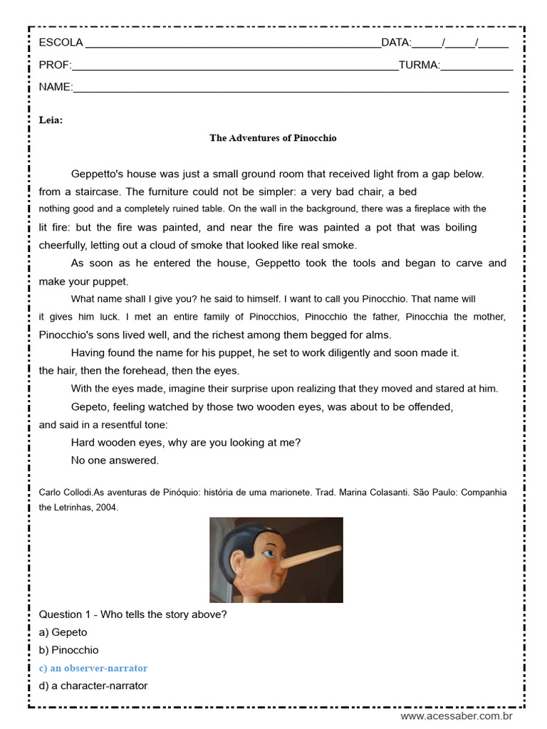 Text Interpretation of The Adventures of Pinocchio 7th Grade Answers ...