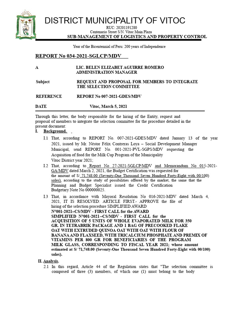 REPORT N° 034 FORMATION OF THE SELECTION COMMITTEE | PDF | Milk ...