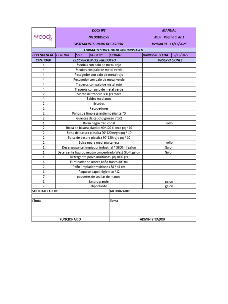 Solicitud de Insumos | PDF