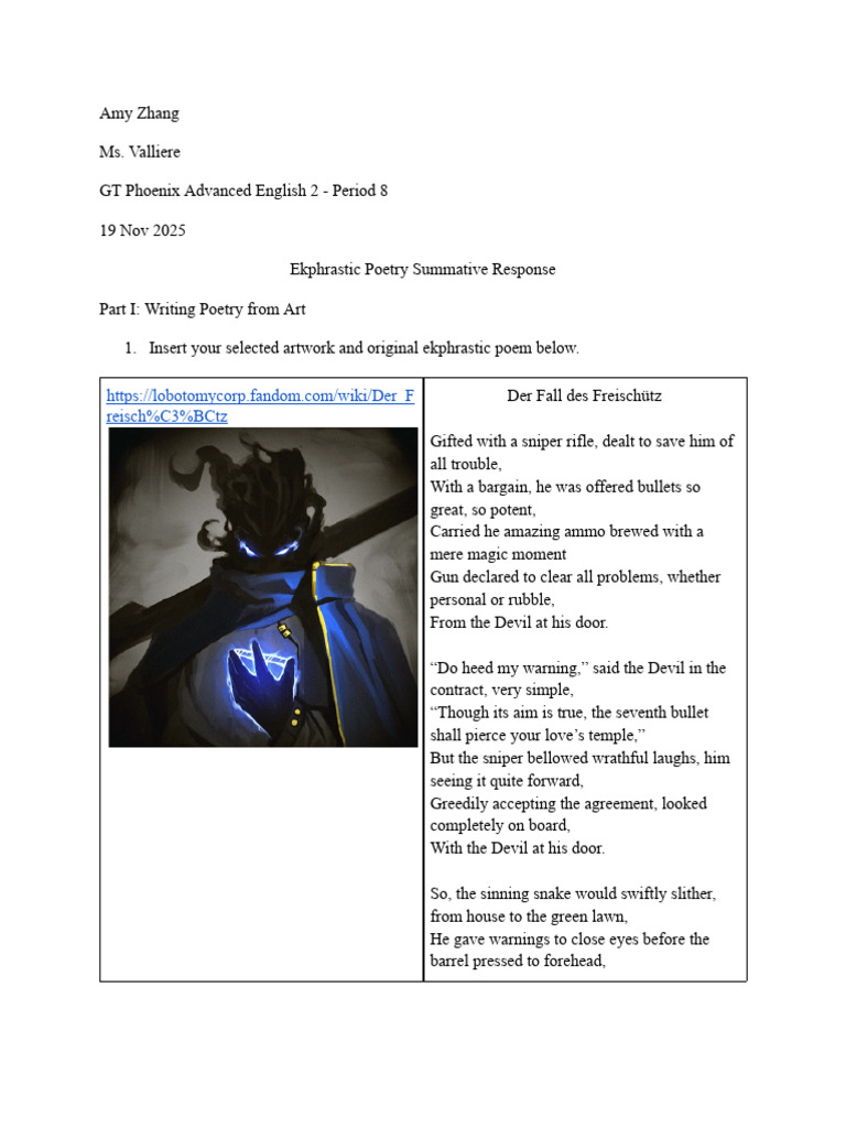 Ekphrastic Poetry Summative Response | PDF | Poetry