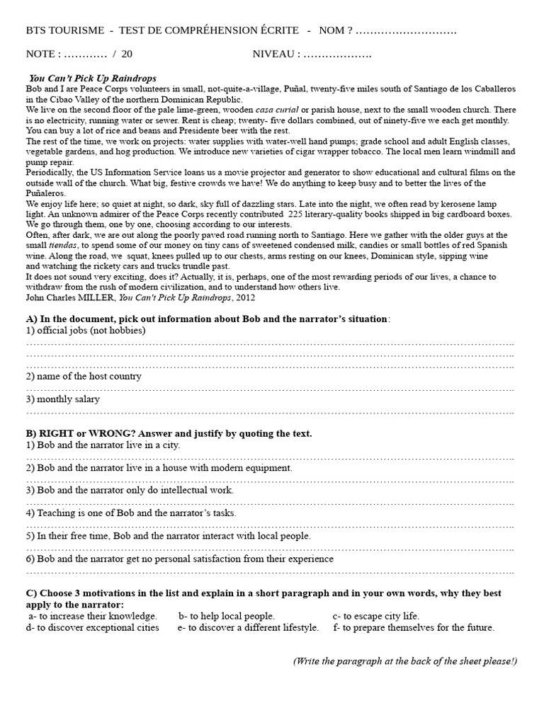 BTS Tourisme: Compréhension Écrite Test | PDF