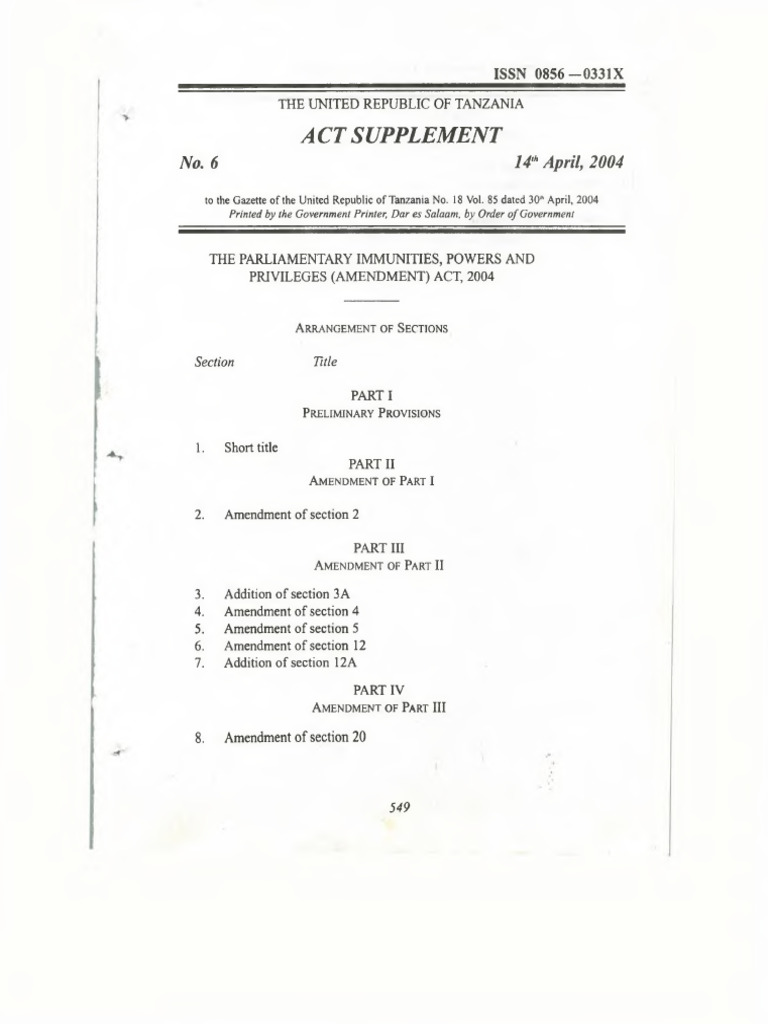 An Act To Amend The Parliamentary Immunities, Powers and Privileges Act ...