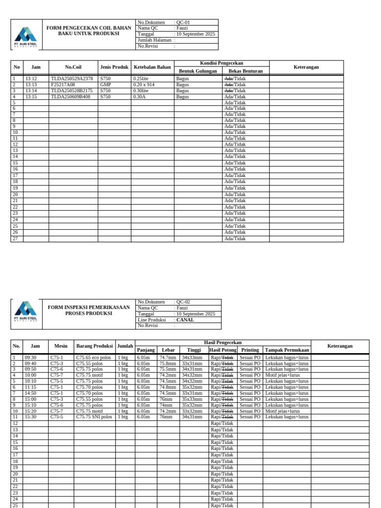 Form Pengecekan Kualitas Produksi | PDF