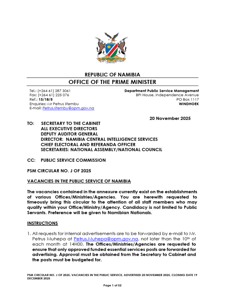 Namibia Public Service Vacancies 2025 | PDF | Dietitian | Social Work