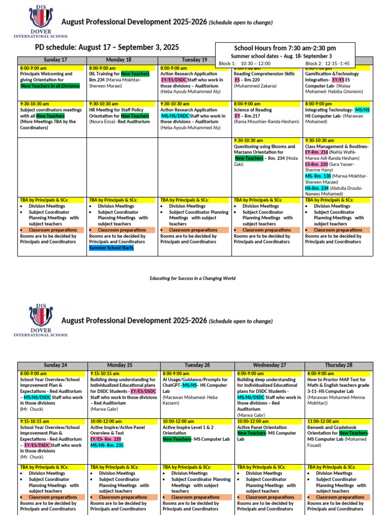 August 2025-2026 PD Schedule Overview | PDF | Mentorship | Curriculum