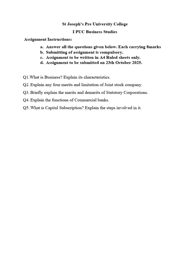 1st Puc Business Studies Assignment | PDF