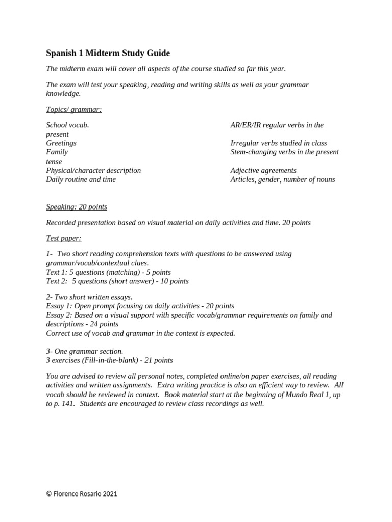 Spanish 1 Midterm Exam Study Guide | PDF