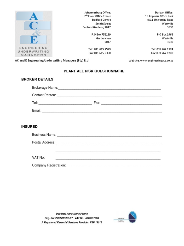 Plant All Risk Insurance Questionnaire | PDF