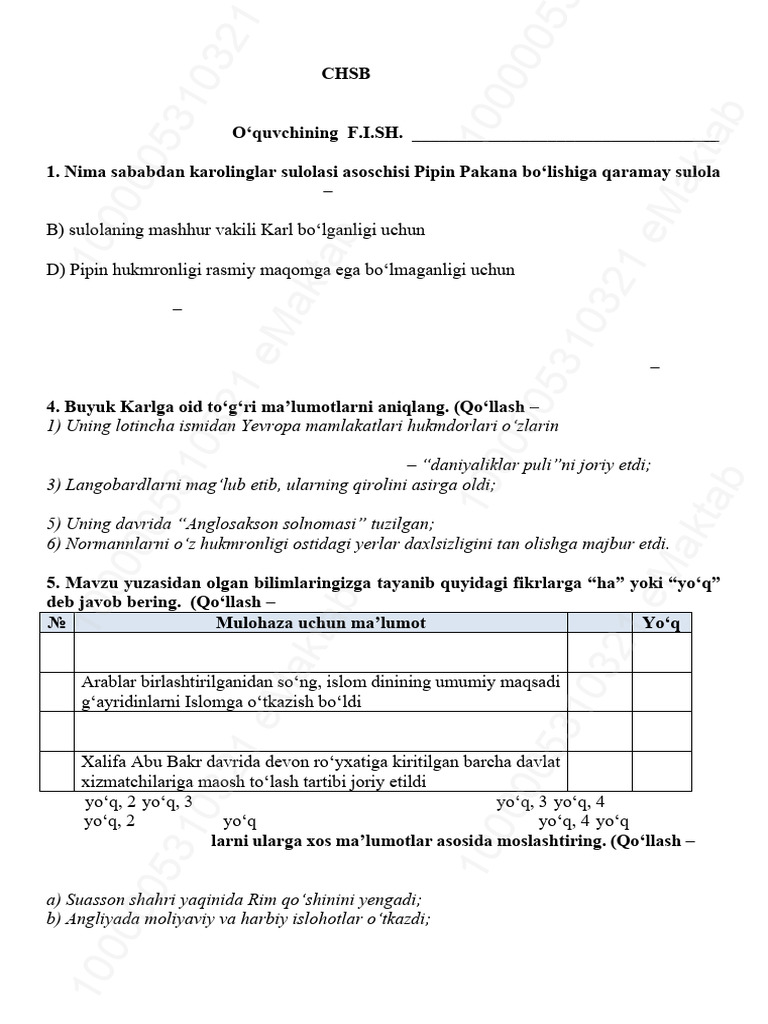 7-Sinf. Jahon Tarixi. CHSB-1. DEMO | PDF