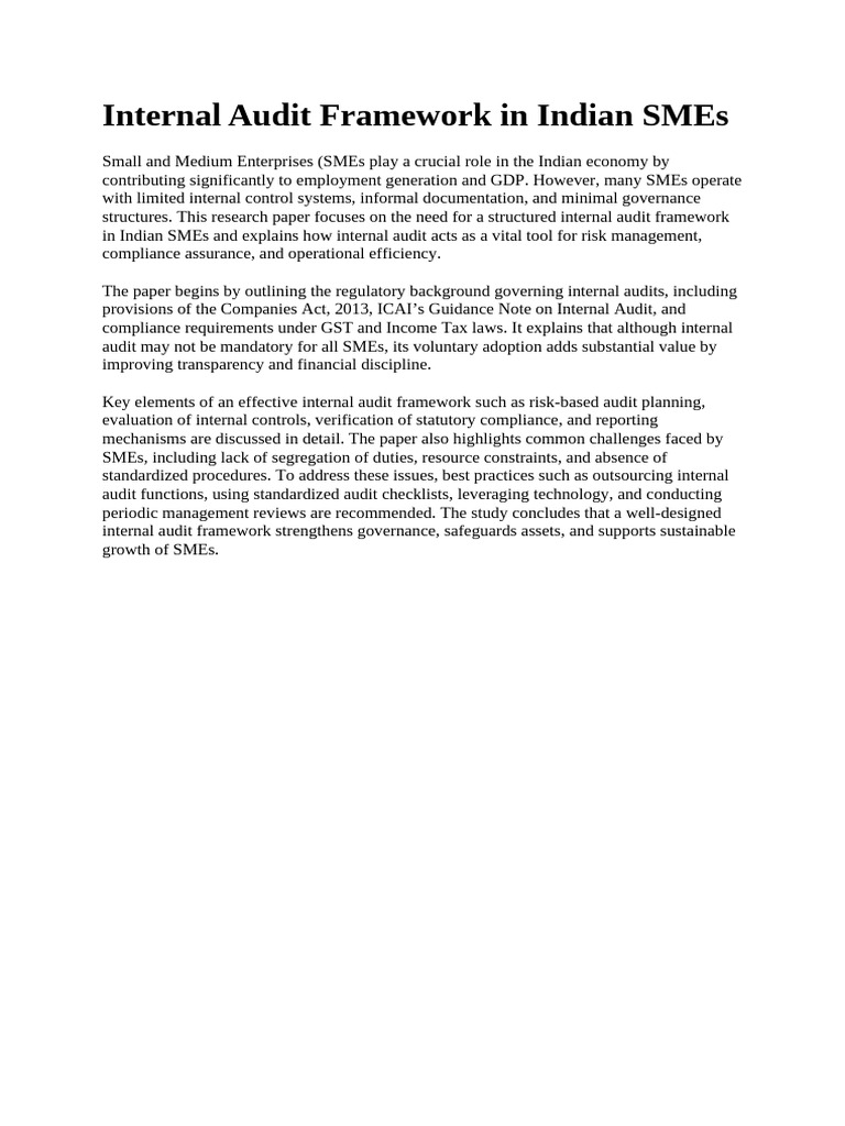 Internal Audit Framework for Indian SMEs | PDF