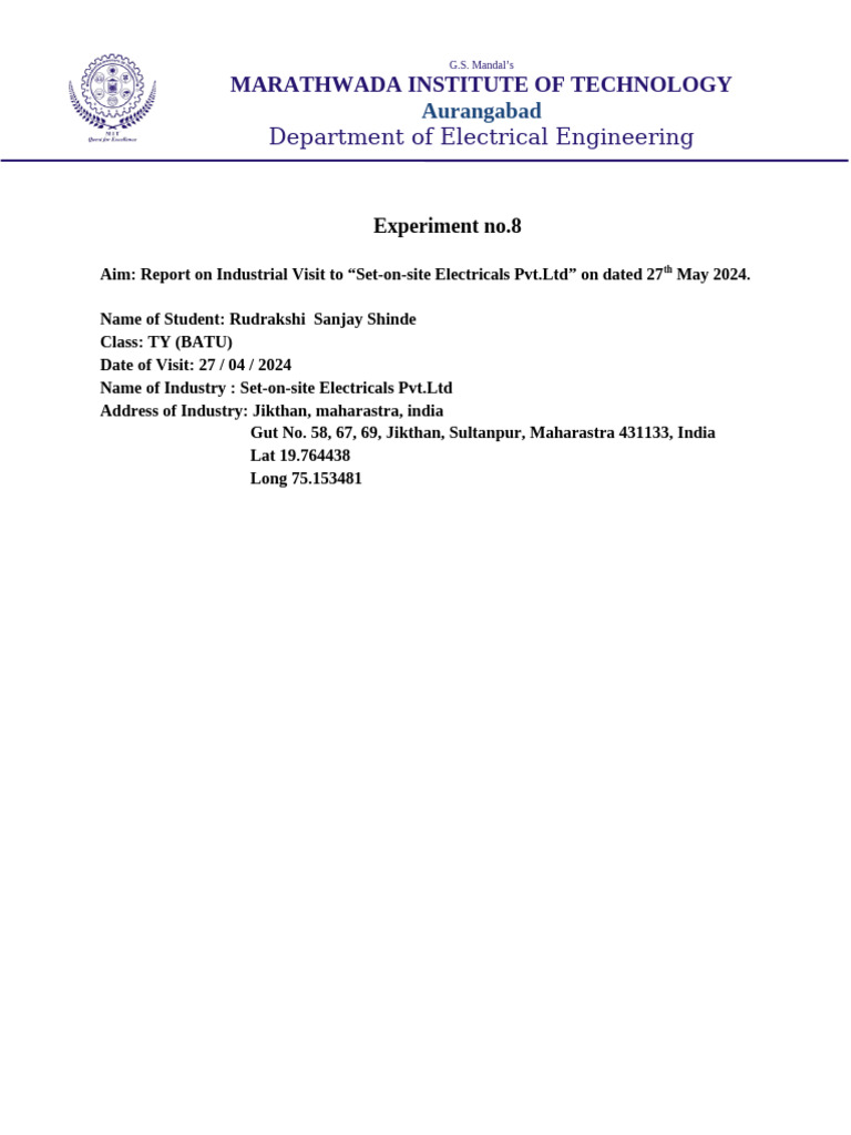 Industrial Visit Report: Set-on-site Electricals | PDF | Transformer ...