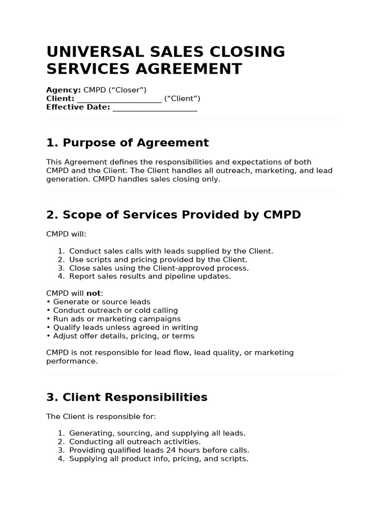 Sales Closing Services Agreement | PDF | Employment | Business Economics