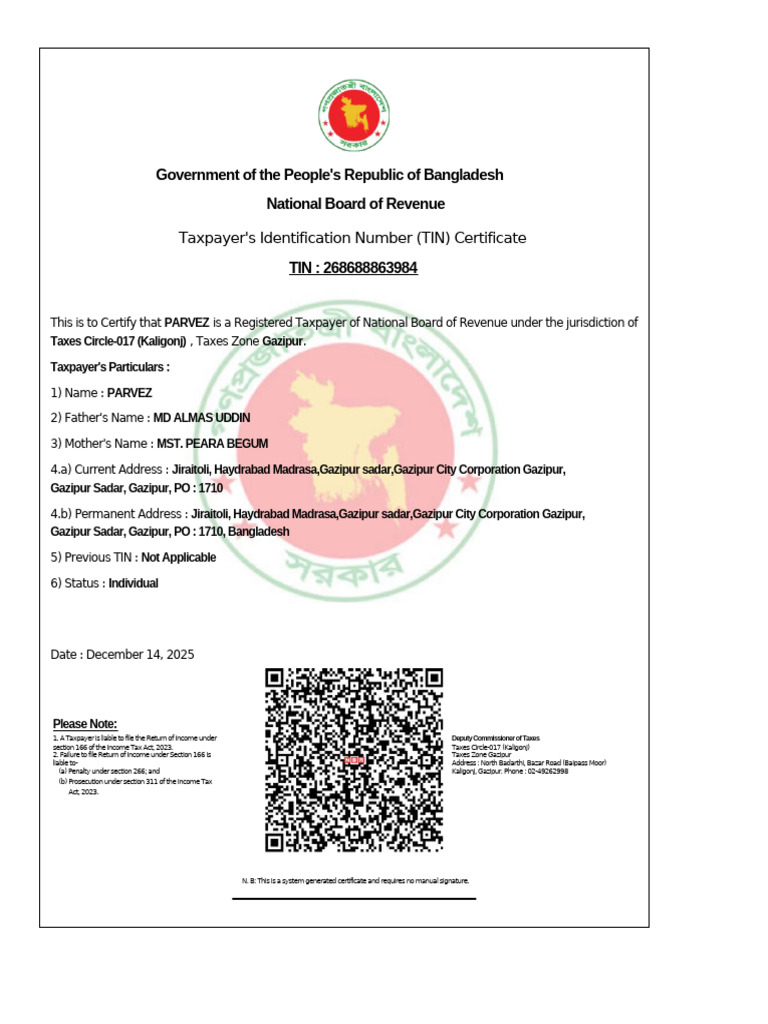 TIN Certificate for Registered Taxpayer | PDF