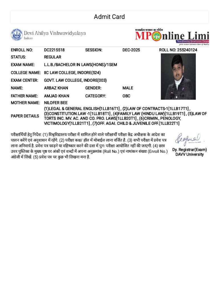 LLB 1st Year 1st Semester Admit Card | PDF