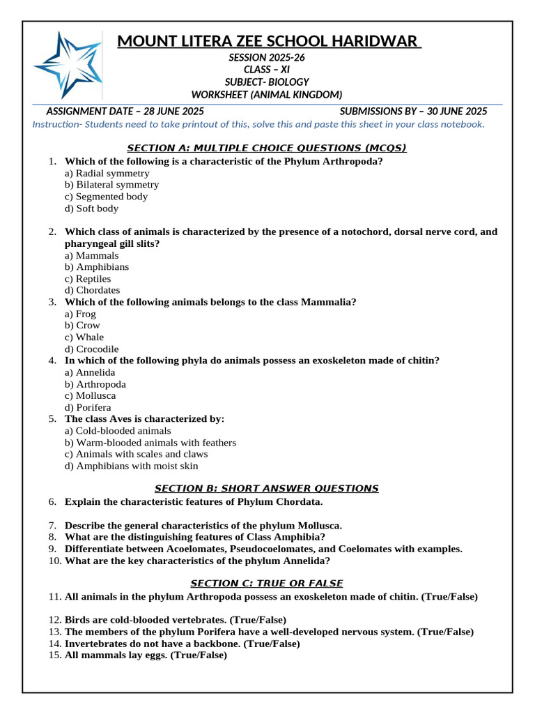 Biology Worksheet: Animal Kingdom Class XI | PDF | Zoology