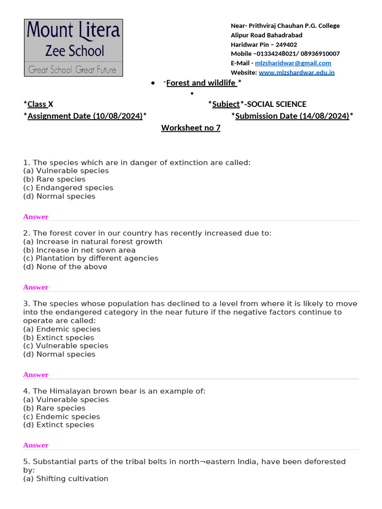 Forest and Wildlife Worksheet | PDF | Himalayas | Biodiversity