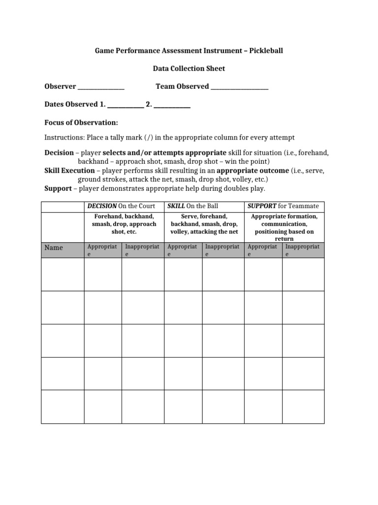 Pickleball Game Performance Assessment | PDF