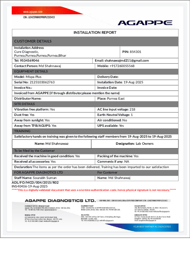 Mispa Plus Installation Report - Purnea | PDF