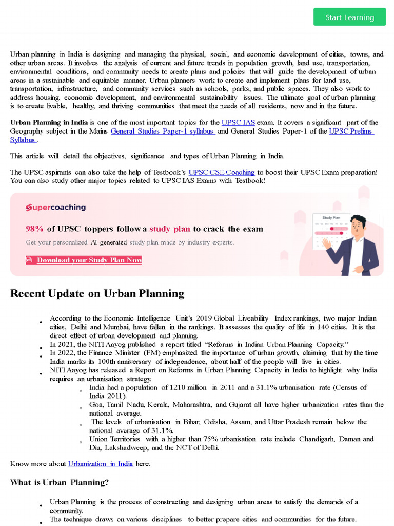 Urban Planning in India - Analysis, Objectives and Notes For UPSC | PDF