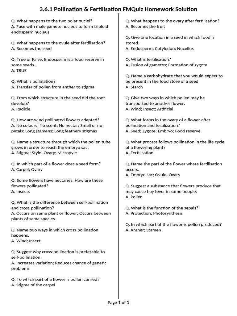 Pollination and Fertilisation Quiz Answers | PDF | Flowers | Pollination