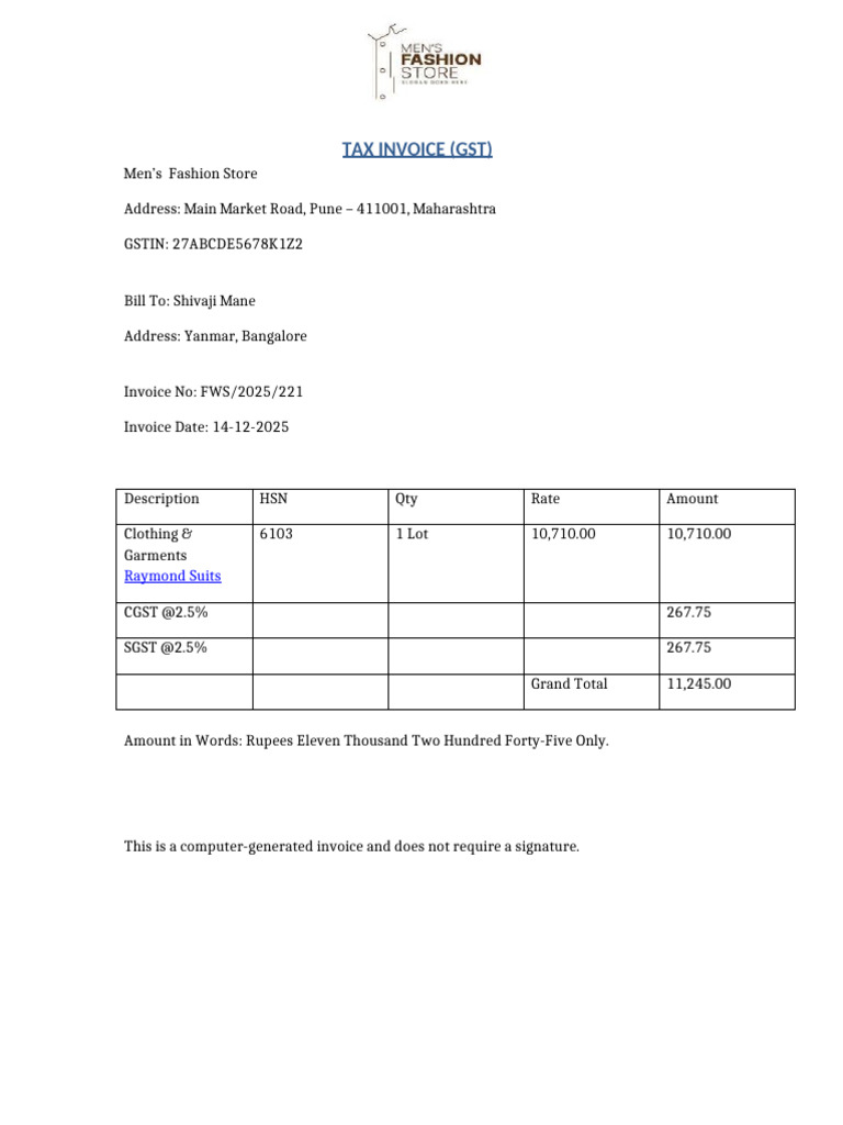 GST Invoice Clothing Shivaji Mane | PDF