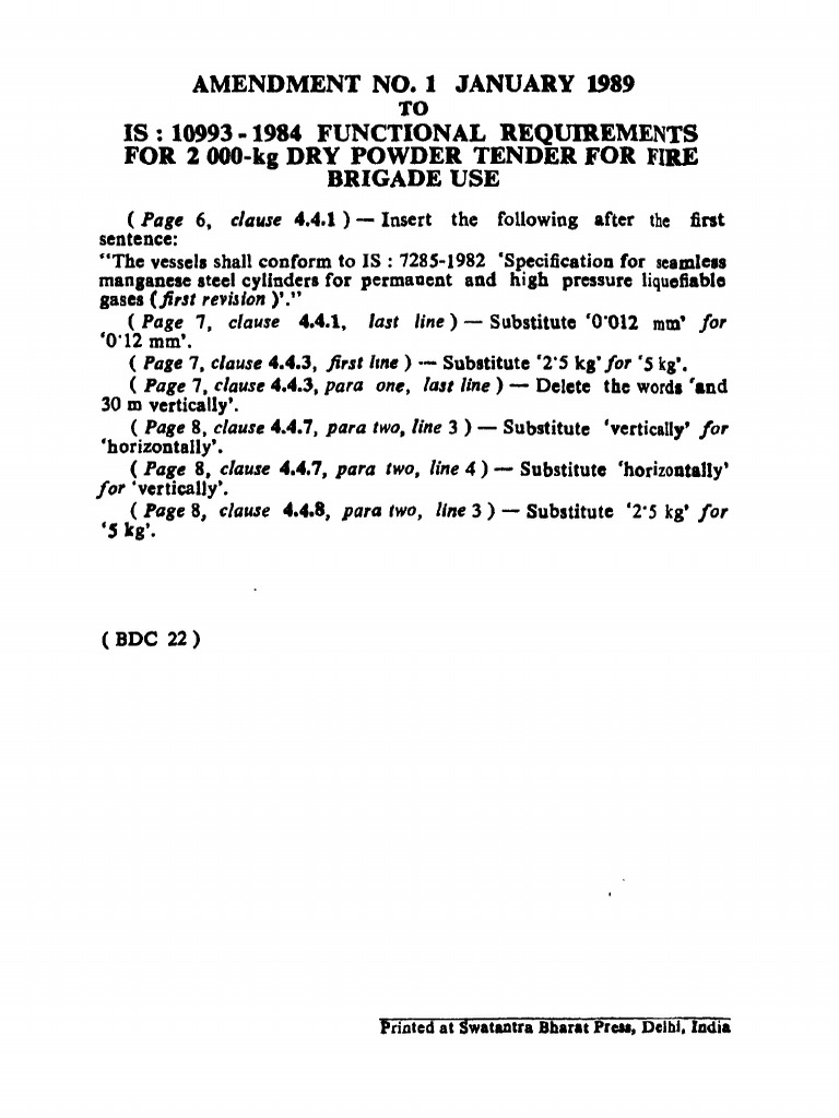 OOO-kg Fire: Amendment No.1 January 1989 IS: 10993 1984 FUNCTIONAL ...