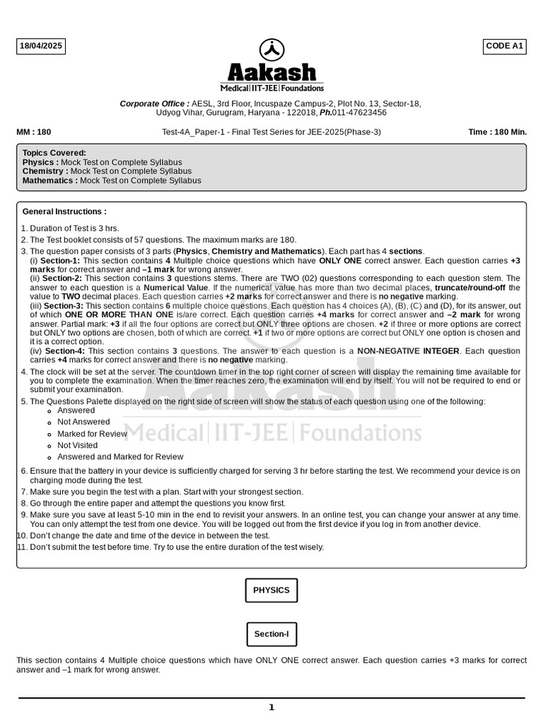 FTS-2025_Ph-3_T4A-Paper-1_(Code-A1)_(18-04-2025) | PDF | Coordination ...