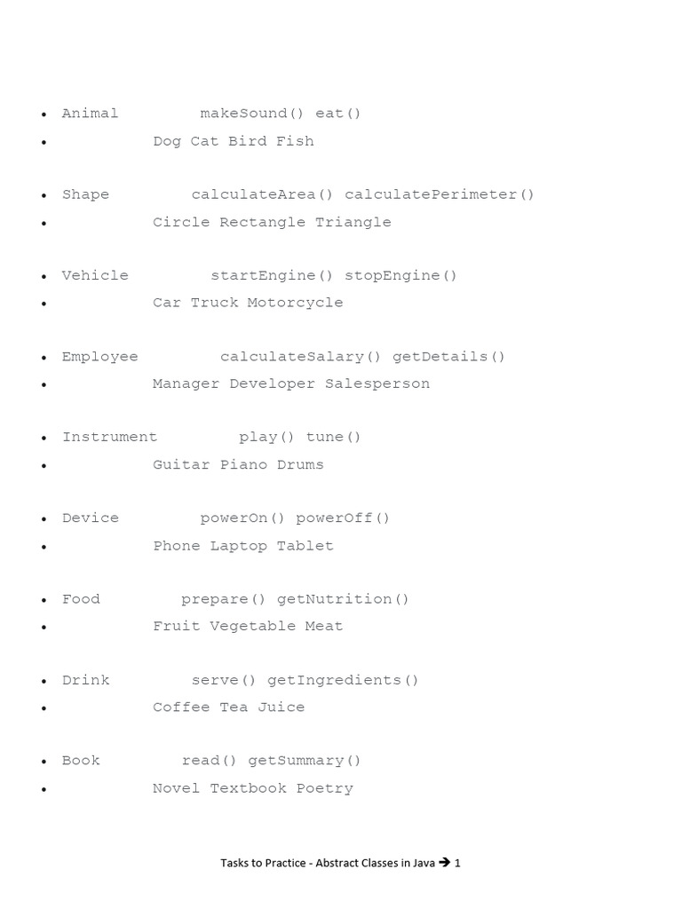 Tasks to Practice - Abstract Classes | PDF | Method (Computer Programming) | Inheritance (Object ...