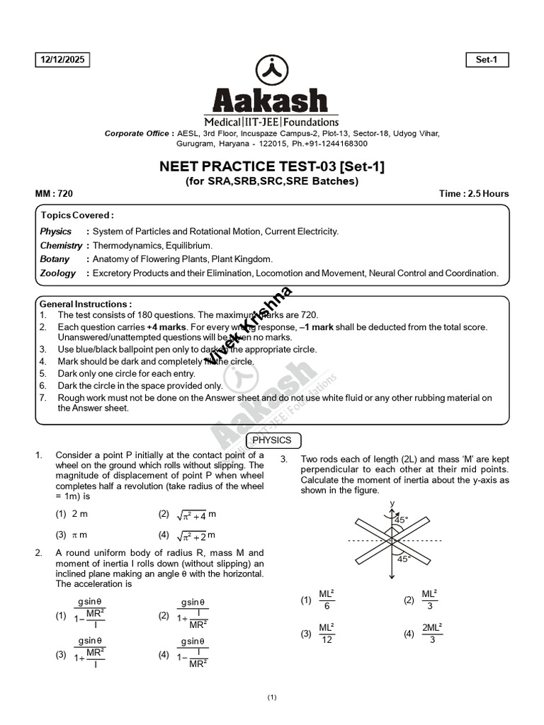 NEET Practice Test 03: Physics & Chemistry | PDF | Rotation Around A ...