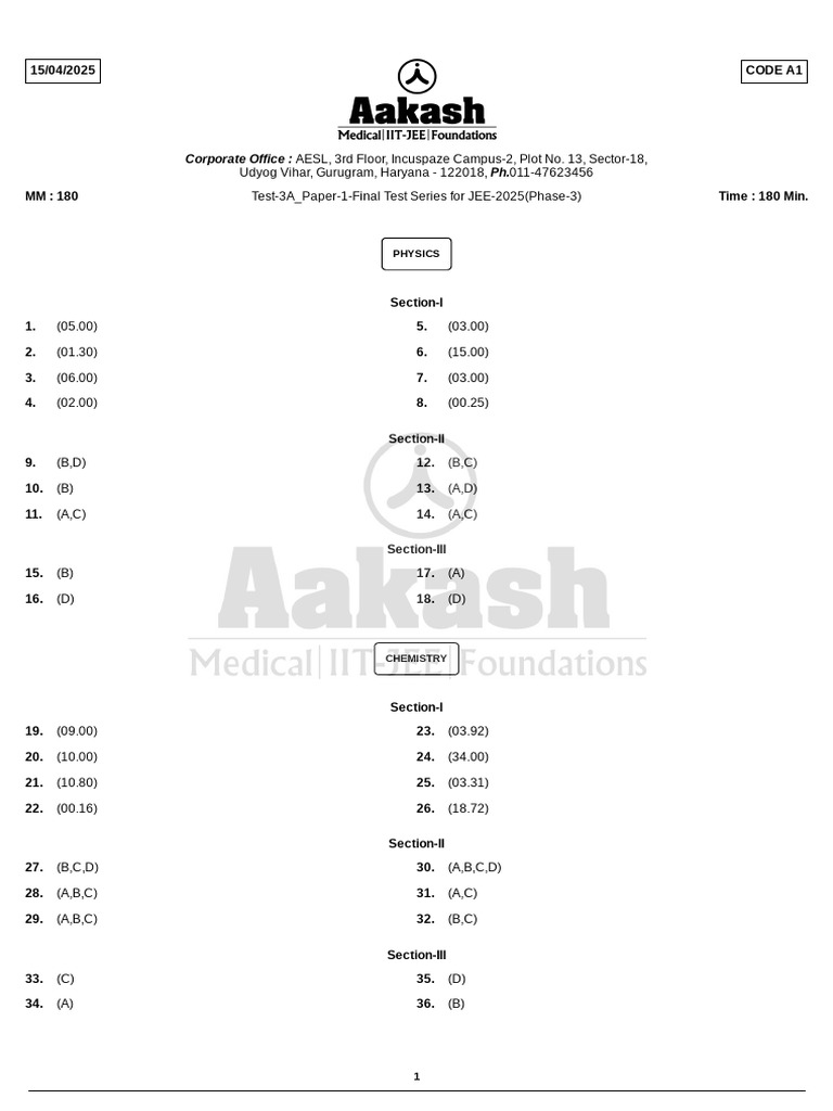 SS (P3 - Adv) FTS - 03 (A1) Paper-1 (15-04-2025) SOL | PDF | Physical ...