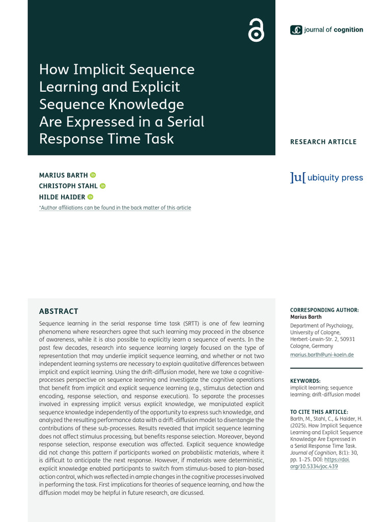 Implicit vs Explicit Sequence Learning | PDF | Learning | Consciousness