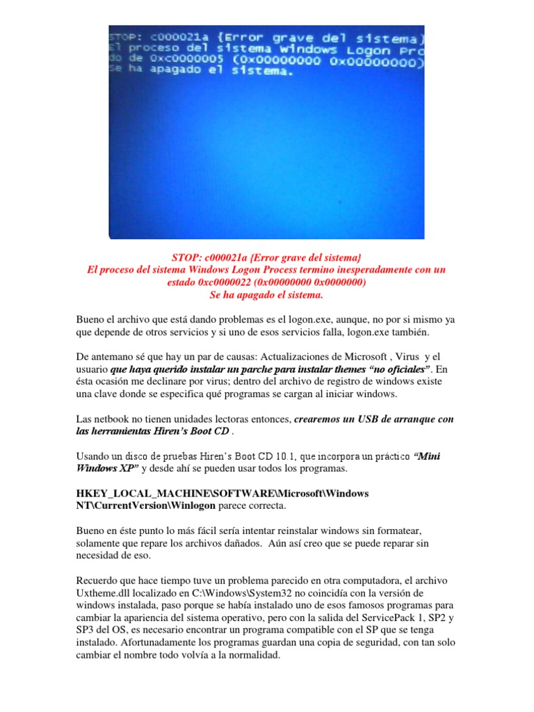 Error STOP C000021a | PDF | Windows XP | Microsoft Windows