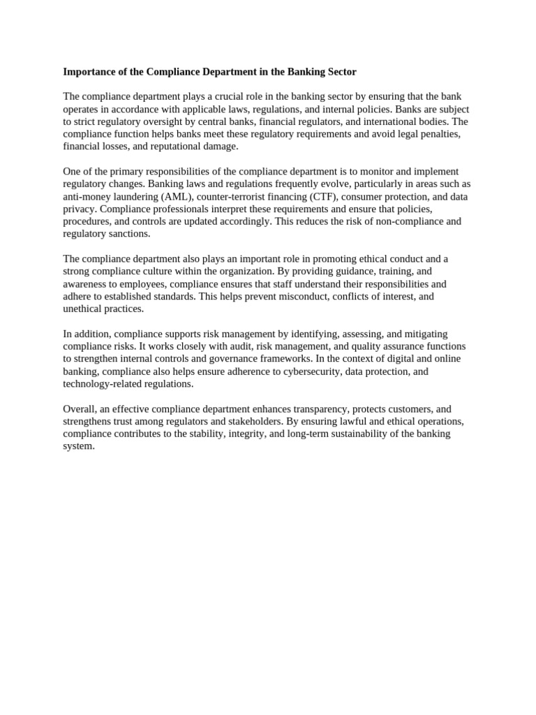 Role of Compliance in Banking Sector | PDF