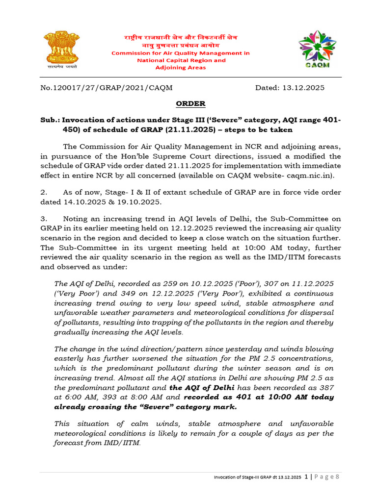 Invocation of GRAP order- Stage- III 13.12.2025_1 | PDF | New Delhi | Delhi