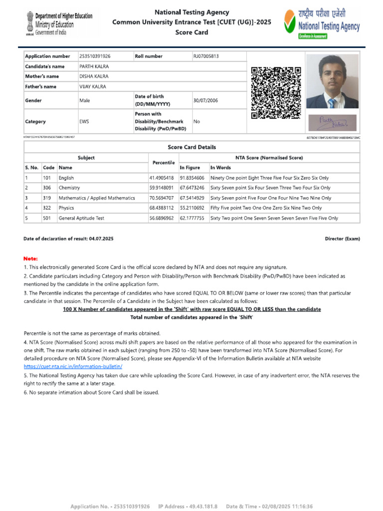 Cuet Score Card | PDF