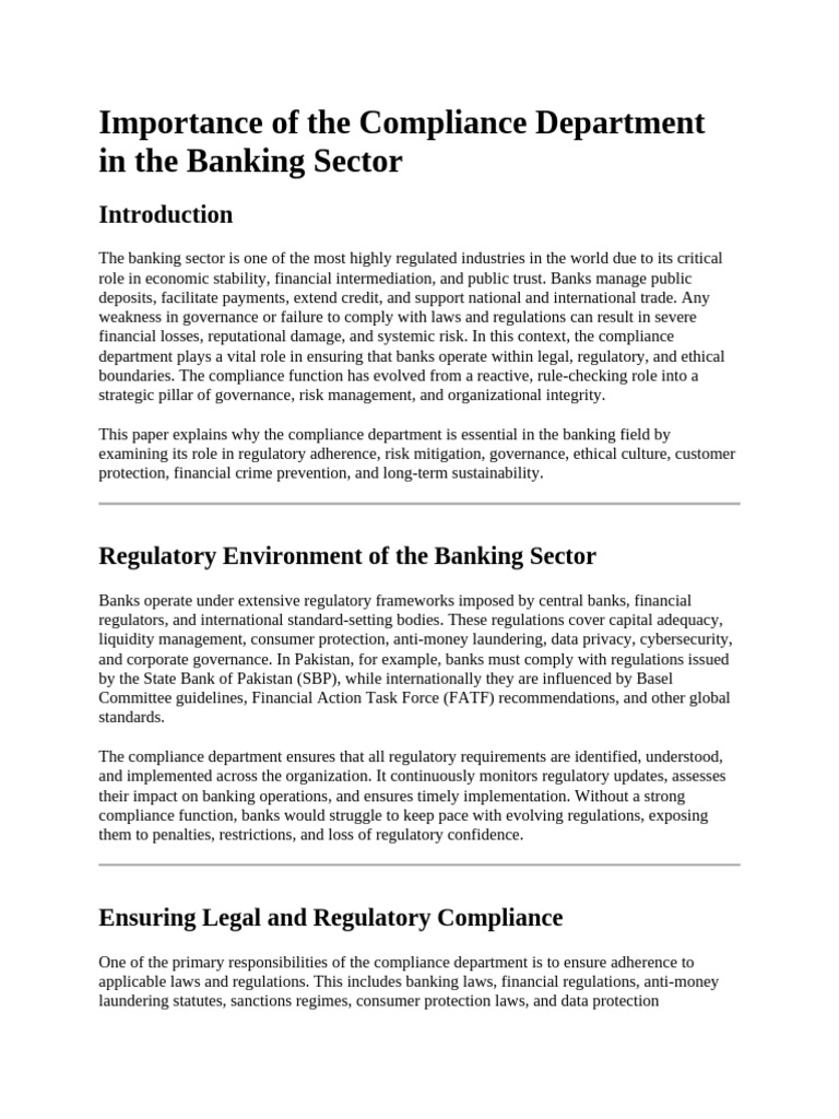 Importance of the Compliance Department in the Banking Sector | PDF ...