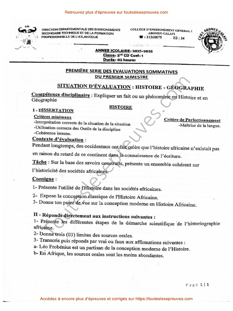 Histoire-Géographie Seconde CD - 1er Devoir Du 1er Semestre 2025-2026 - Historicité Des Sociétés ...