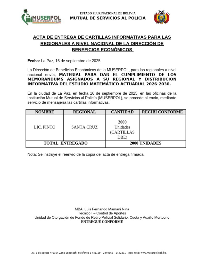 Acta de Entrega de Cartillas Dbe 2025 | PDF