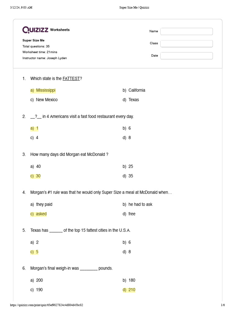 Super Size Me Quiz Questions and Answers | PDF | Eating Behaviors Of ...