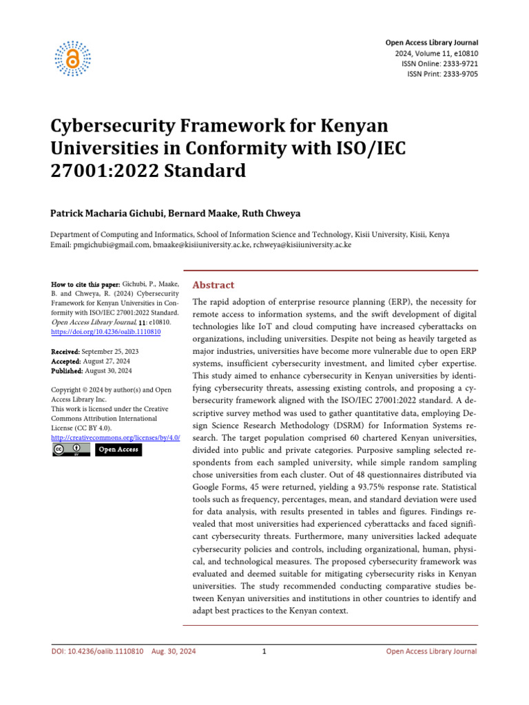 Cybersecurity Framework For Kenyan Universities in Conformity With ISO ...