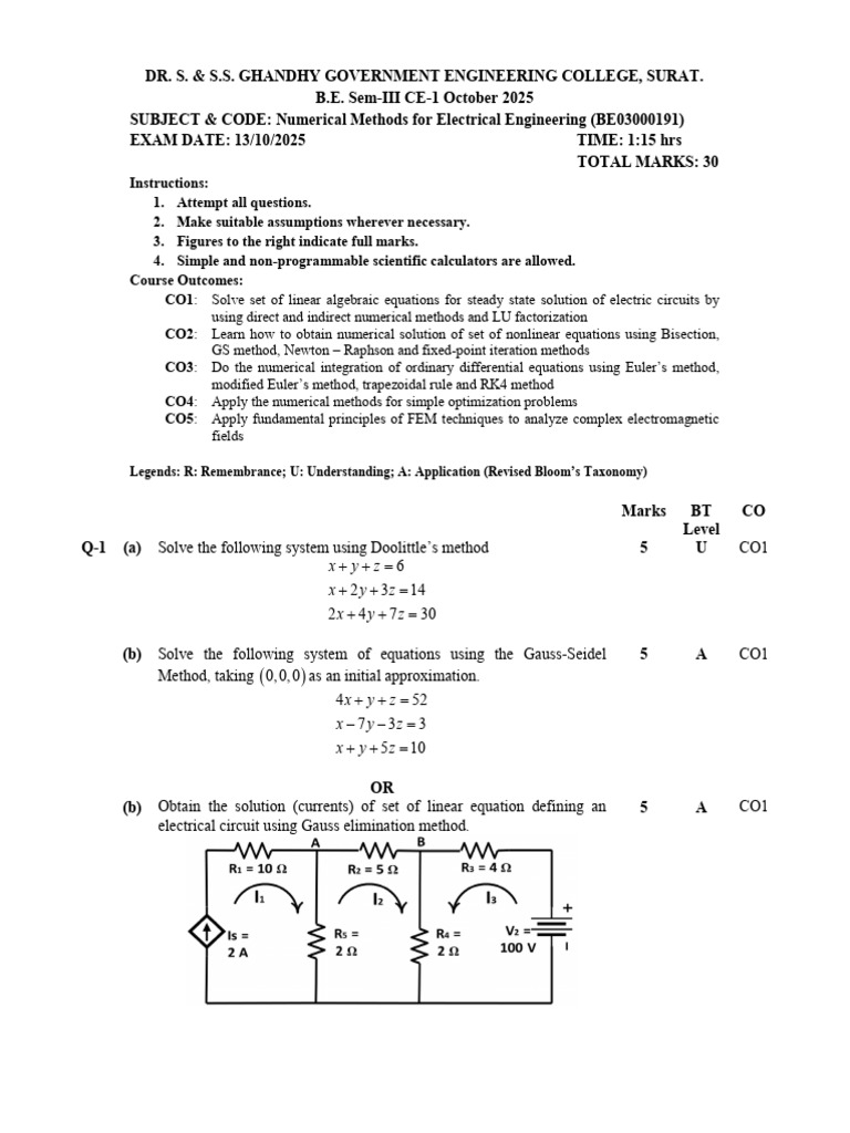 FInal QP CE-1!13!10-2025 Corrected 2 | PDF | Numerical Analysis | Equations