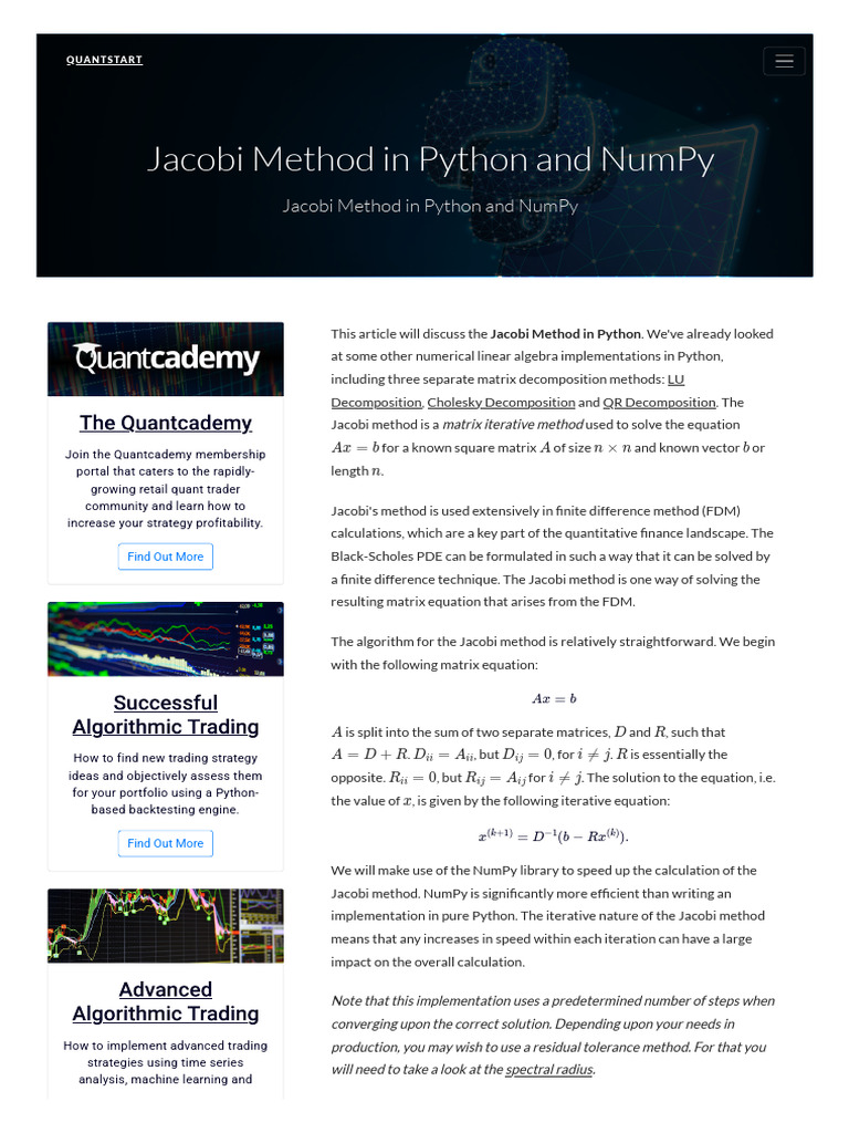Jacobi Method in Python and NumPy - QuantStart | PDF | Matrix (Mathematics) | Algebra