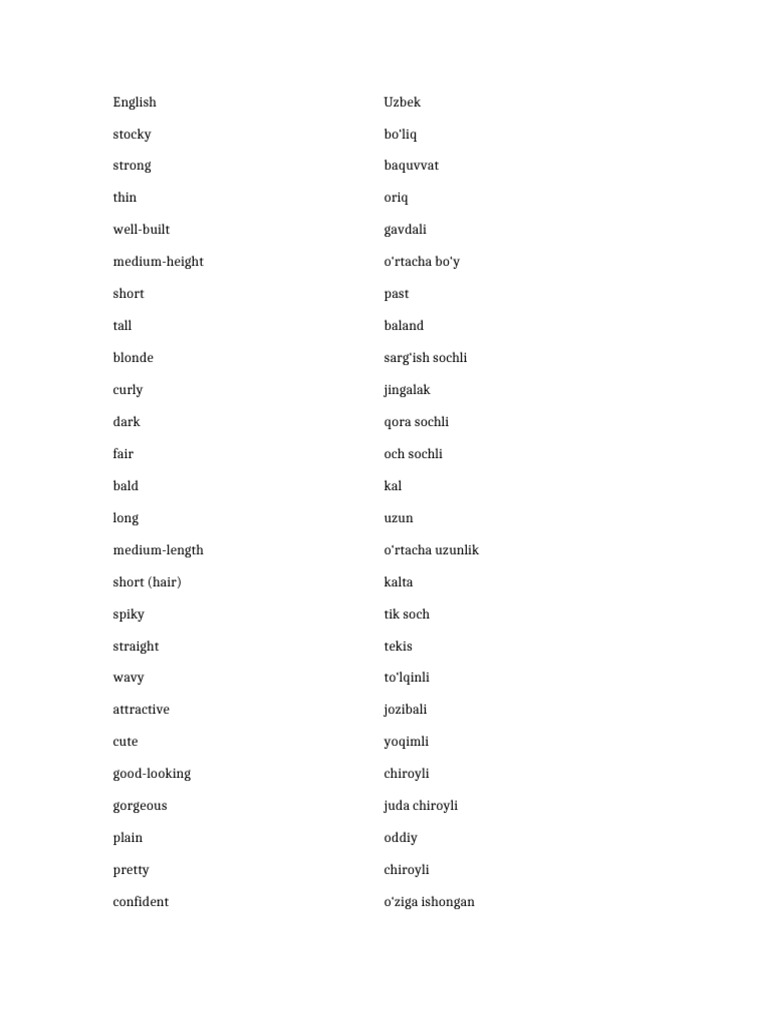 English Uzbek Words | PDF